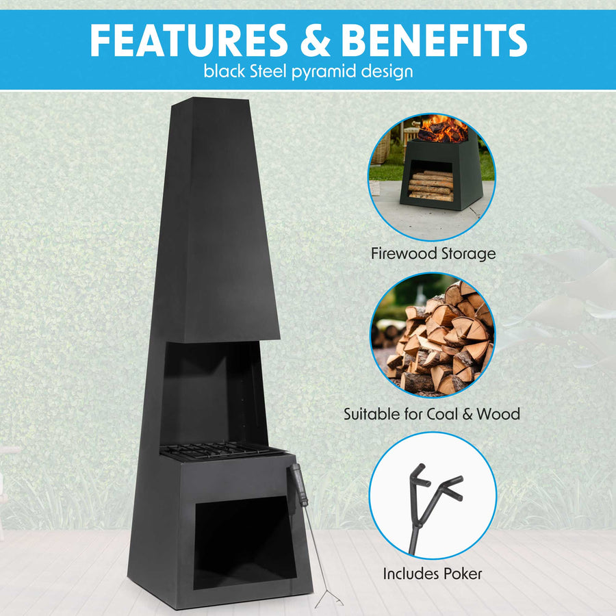 Pyramid Chiminea, Fireplace, Heater with Firewood Storage - Black Stee