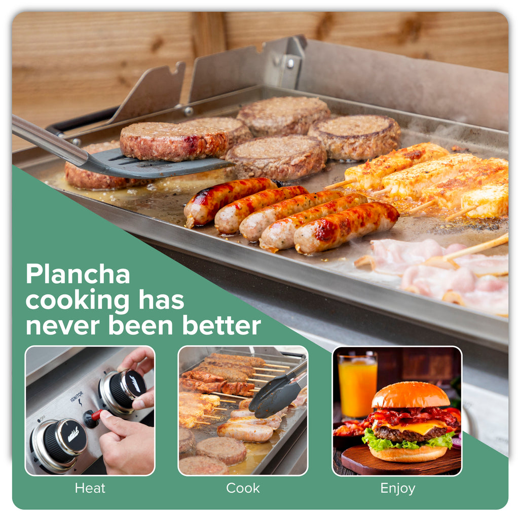 4 Burner Portable Gas Plancha with Warming Rack, 10kW Stainless Steel