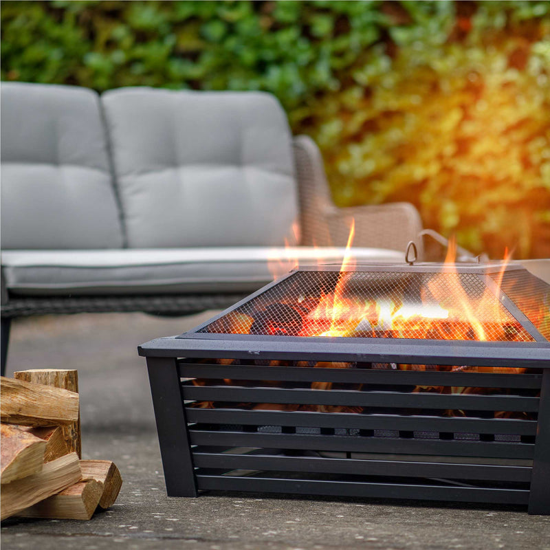 35" Square Outdoor Fire Pit, Mesh Screen Lid, Black - DG43 - Dellonda