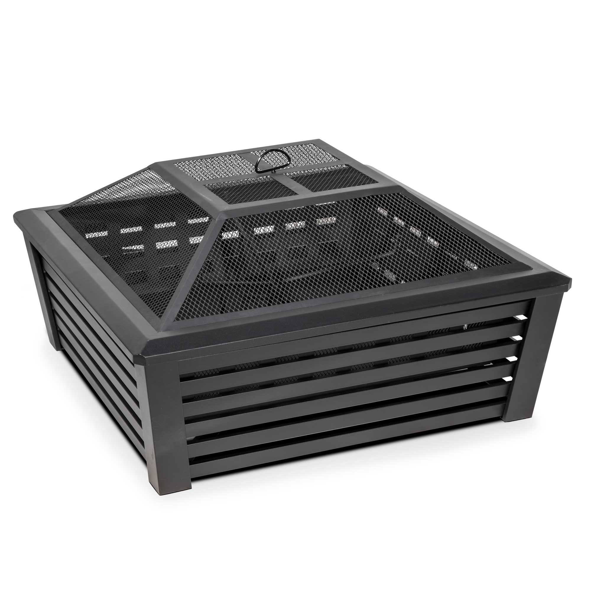35" Square Outdoor Fire Pit, Mesh Screen Lid, Black - DG43 - Dellonda