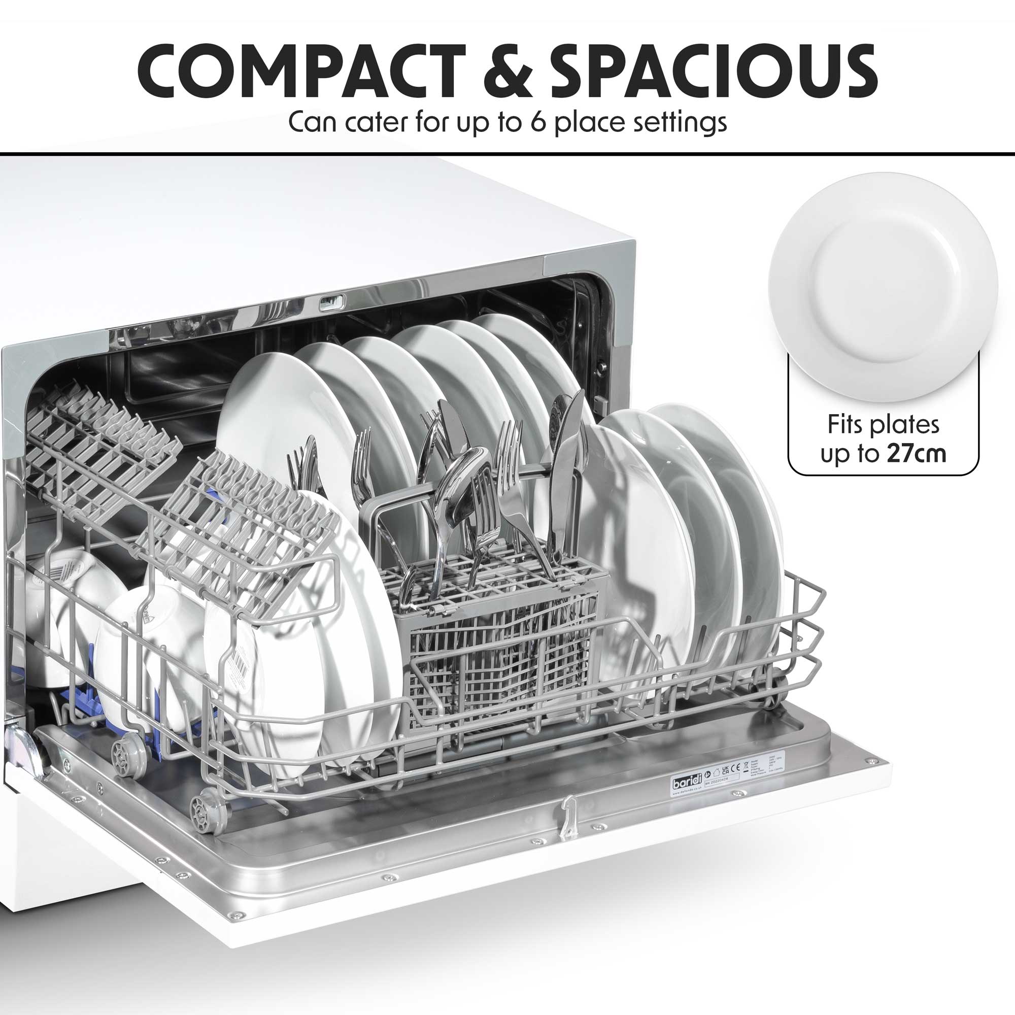 Baridi Compact Tabletop Dishwasher 6 Place Settings, 6 Programmes, Low ...