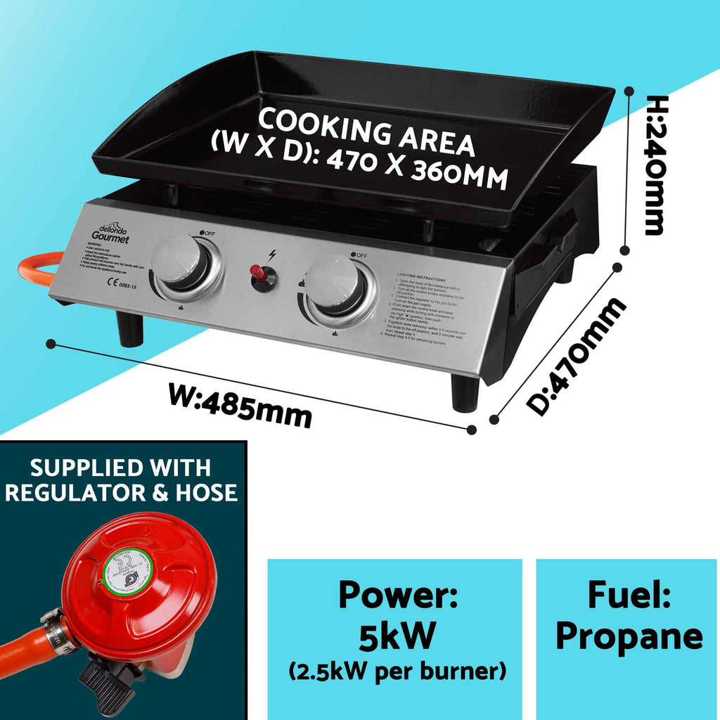 2 Burner Portable Gas Plancha 5kW BBQ Griddle, Stainless Steel with Co