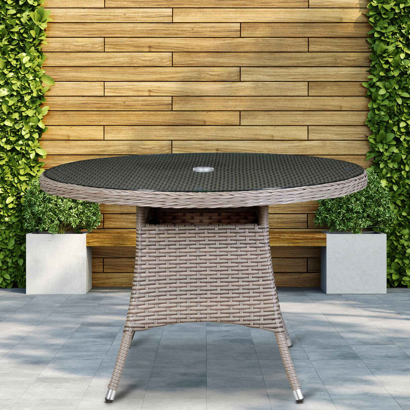 Chester Rattan Wicker Round Outdoor Dining Table with Tempered Glass T ...