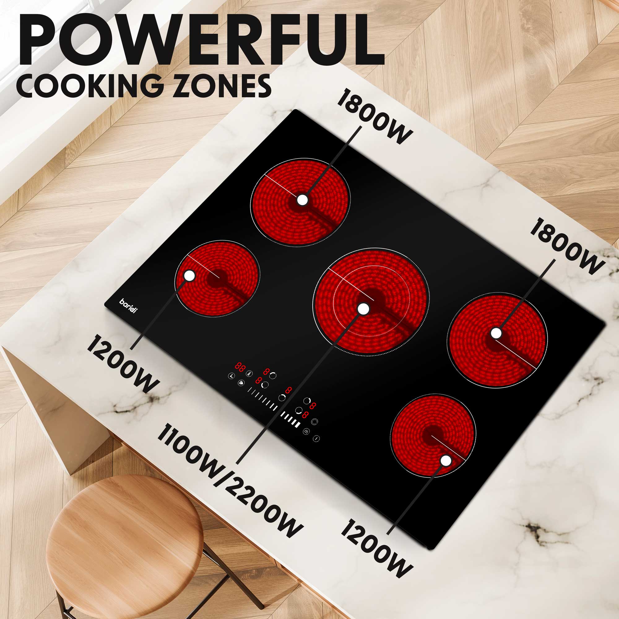 Baridi 77cm Ceramic Hob with 5 Cooking Zones, Slider Touch Control, Ti ...