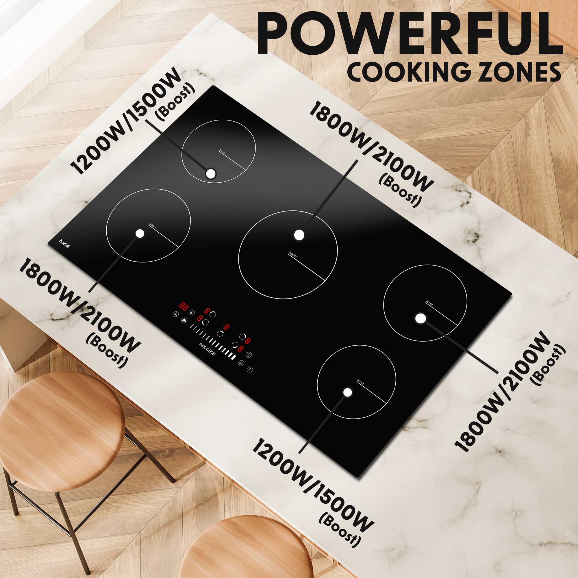Integrated Induction Hob with 5 Cooking Zones 90cm 9300W Output - Dellonda