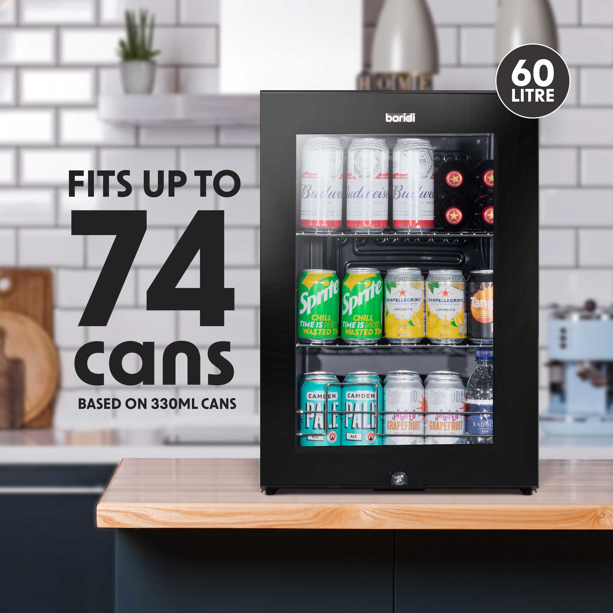 Baridi 60L Beer & Drinks Fridge with LED Light, Black and Glass Door ...